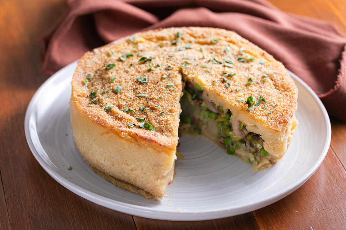Baked vegan potato gateau with vegetables